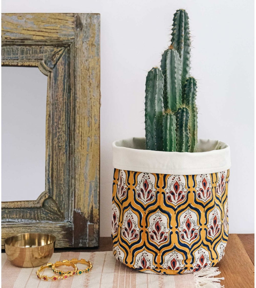 Cache pot en coton, cache pot imprimé à la main Art Déco Pranjal