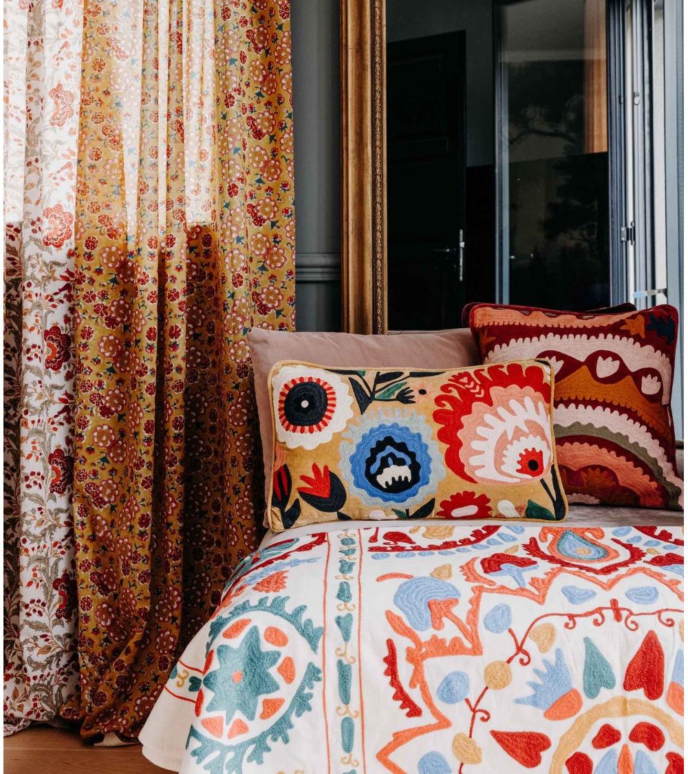 Suzani Colorful Cotton Tablecloth with Embroidered Flowers