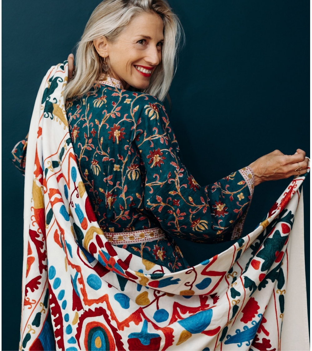 Suzani Colorful Cotton Tablecloth with Embroidered Flowers